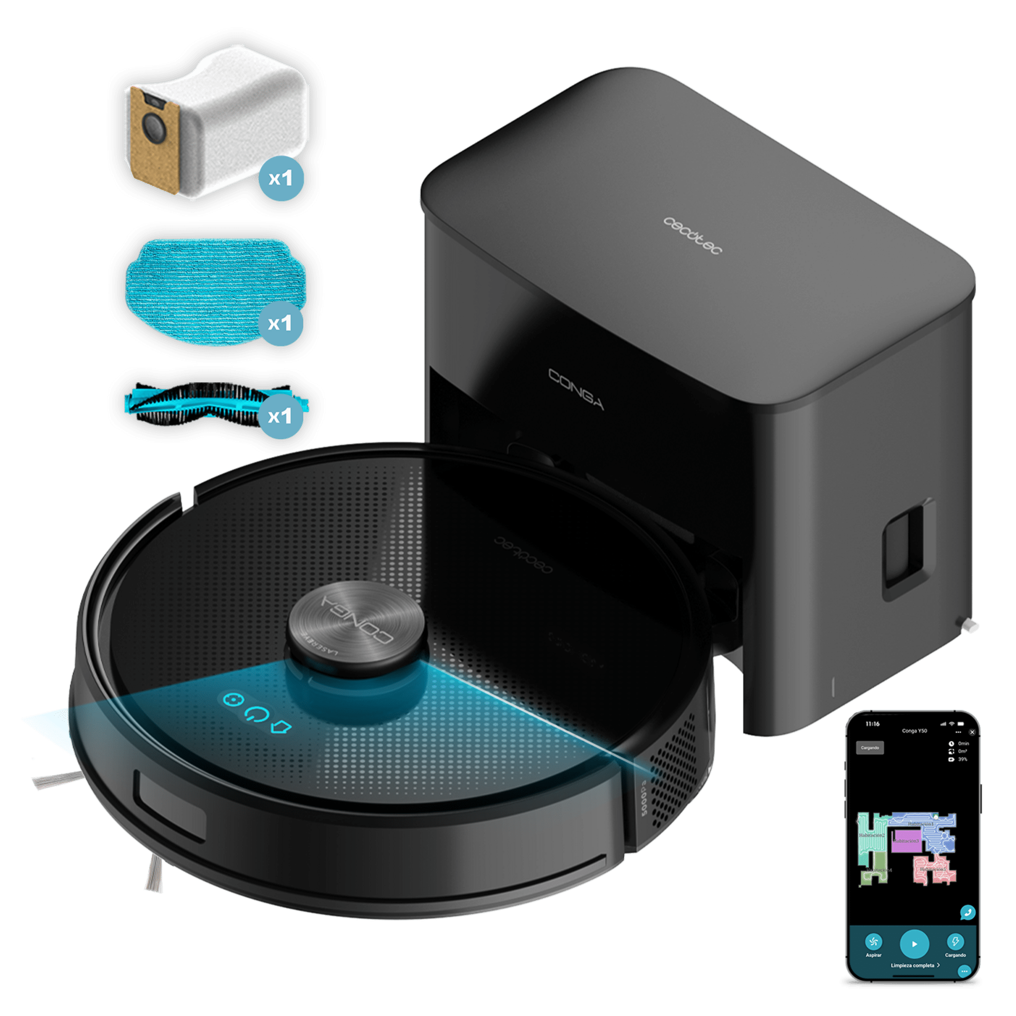 Conga Y50 Aspirateur robot laser avec base auto-vidante, APP et Wi-Fi ...